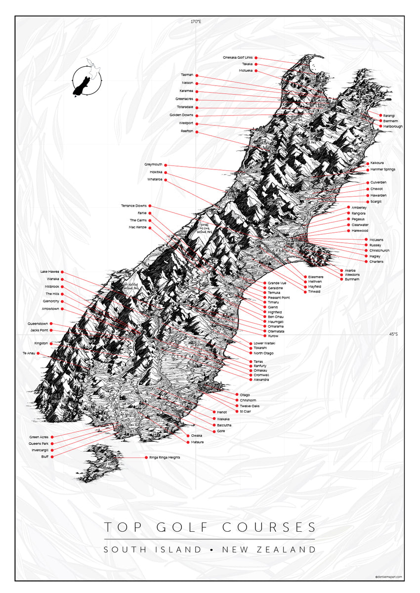 South Island Golf Courses – Denise Map Art